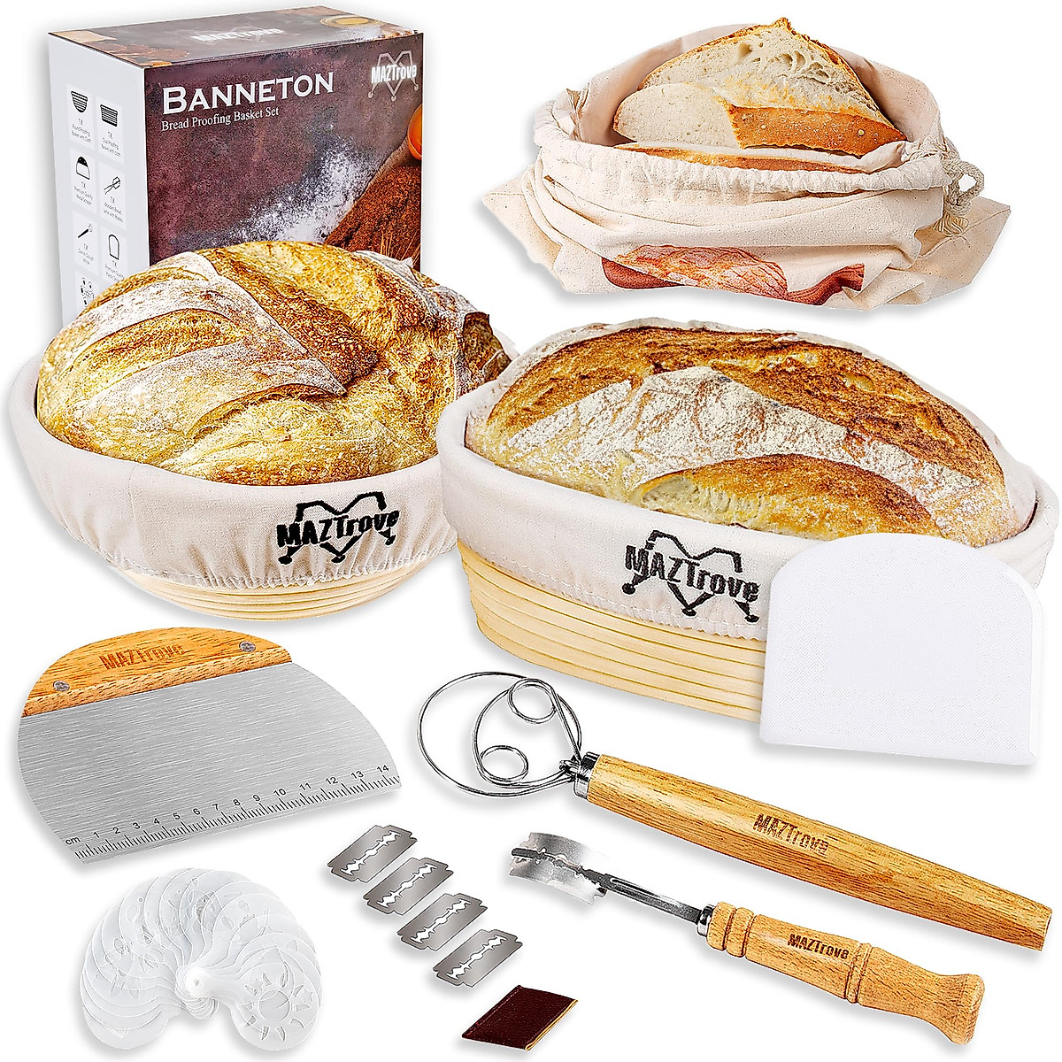 Banneton Bread Proofing Basket Gift Set of 2 - Proofing Baskets 10" Oval & 9" Round Rattan Sourdough Bread Baking Supplies with Bread Lame, Dough Scrapers, Liners, Dough Whisk, Bread Bag &16 Stencils
