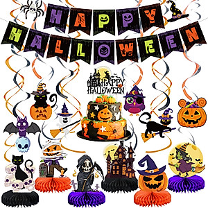 Halloween Birthday Party Decorations Halloween Decorations Banner Indoor, Halloween Honeycomb Table Centerpieces with Hanging Swirls and Cake Topper,Halloween Birthday Decorations for Home(49Pcs)