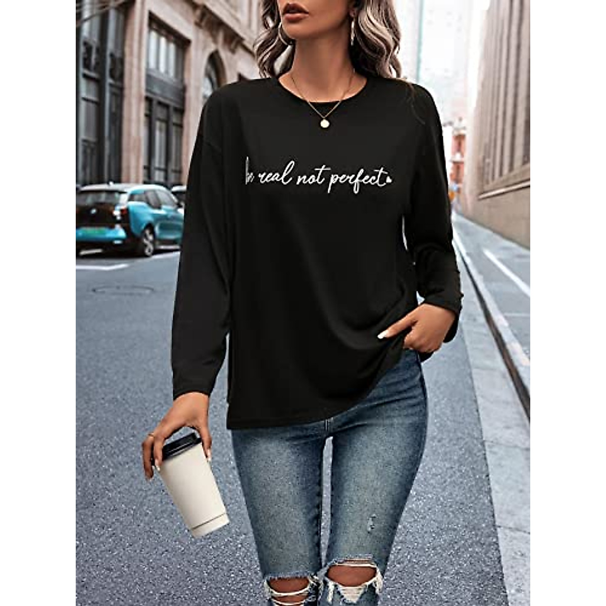 SweatyRocks Women's Crewneck Letter Graphic Loose Long Sleeve T-Shirts Spring Simple Casual Comfy Tee Tops Shirts Black XL