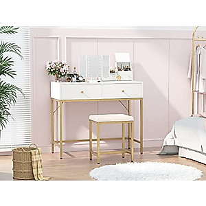 SUPERJARE Vanity Desk, Makeup Vanity with Stool & Tri-fold Lighted Mirror and Modern Ladder Shelf, 5-Tier Open Wall-Mounted Bookshelf with Stable Metal Frame