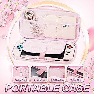 PlayM Pink Carrying Case & Accessories Bundle for Nintendo Switch, Cute Accessories Kit with Protective Cover, Screen Protector, Adjustable Stand, Game Card Case, Thumb Grips & Charger Cable for Girls