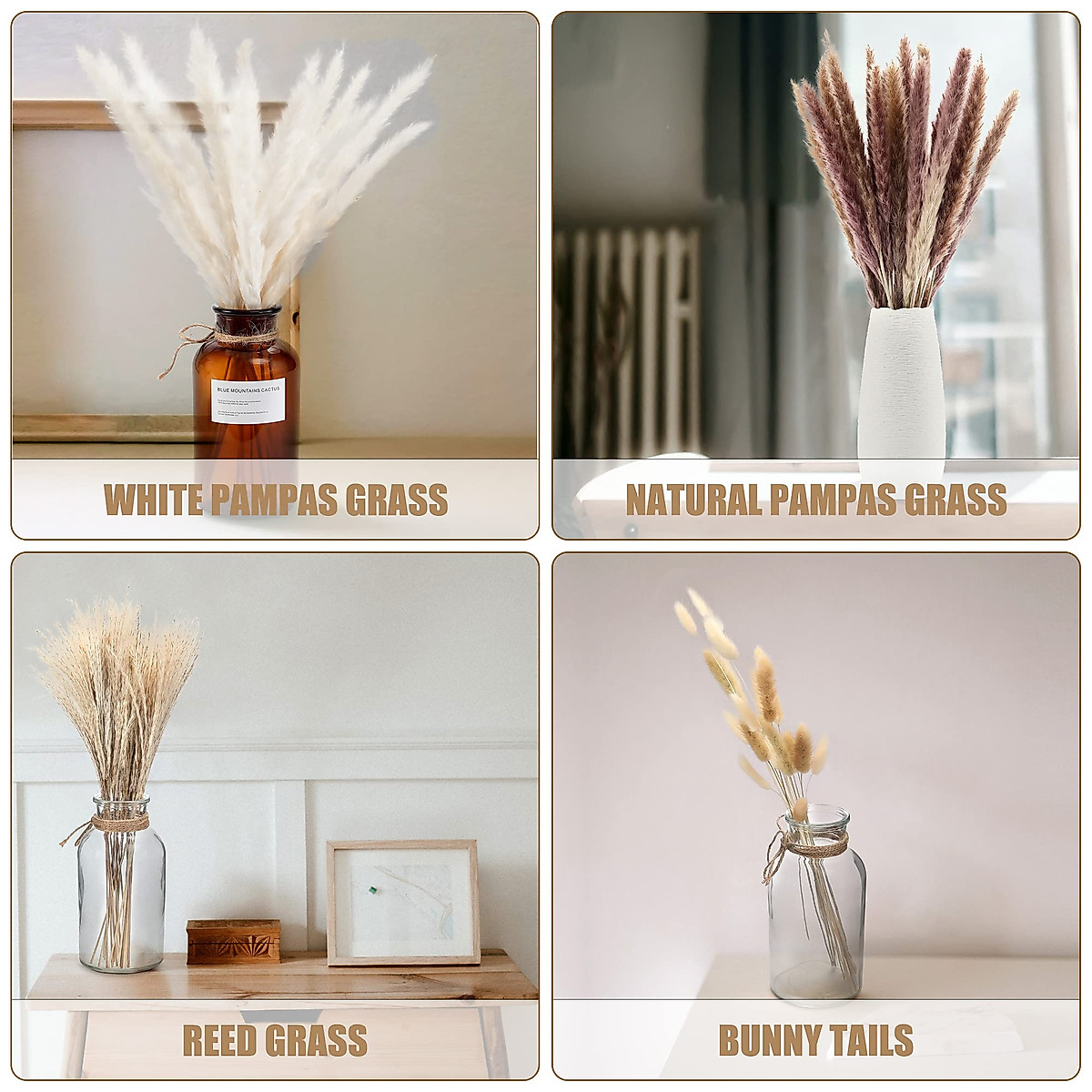 Natural Dried Pampas Grass Bouquet - 85 PCS with Bunny Tails, Dried Flowers, and Pompas for Boho Home Decor, Wedding Floral Arrangements, Rustic Farmhouse Party in White and Brown