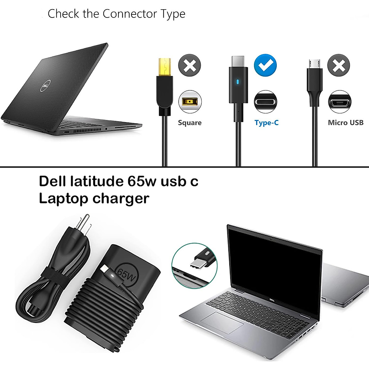65W USB-C Laptop Charger Compatible for Dell Latitude 7410 7420 7400 5520 7320 5420 5320 5300 5285 5290 2in1,XPS 13 9350 9370 9360 9300 9305 9310 7390, Chromebook 3380 5190 Type C Fast Charging