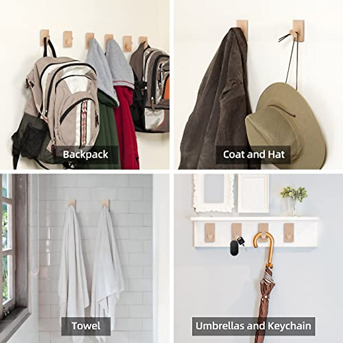 Laelr 6 Pack Wood Wall Hooks Wood Coat Hooks Wall Mounted Rustic Wooden Wall Hooks with 12 Screws Heavy Duty Wall Hanger Robe Hook for Hanging Coats Backpacks Hats Scarf Clothes Towels Bags 11-22lbs