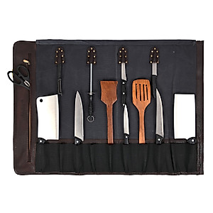 Leather Canvas Knife Roll Storage Bag Expandable 10 Pockets Detachable Shoulder Strap Travel-Friendly Chef Knife Case Roll By Aaron Leather Goods (Nelson, Canvas Leather)