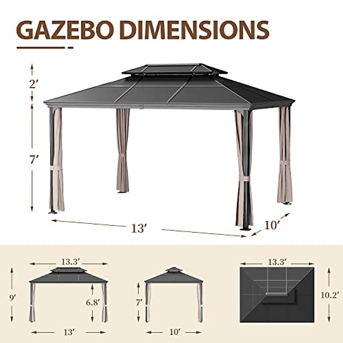 Devoko 10X13 FT Hardtop Gazebo Double Polycarbonate Roof Outdoor Canopy Gazebo with Nettings and Curtains Aluminum Frame for Patios, Gardens, Lawns (10' x13' Double Polycarbonate Roof)