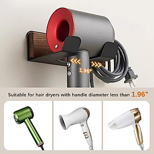 EHERDM Wall Mounted Hair Dryer Holder with Storage Bag Drill-Free Adhesive Blow Dryer Holder Walnut Bathroom Storage Shelf Solid Wood Storage Rack for Home Black