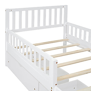 SOFTSEA Cute Twin Platform Bed Frame for Boys Girls with Guardrail and Storage Wood Bed Frame with Drawers for Storage, Wood Slats and No Box Spring Needed, White