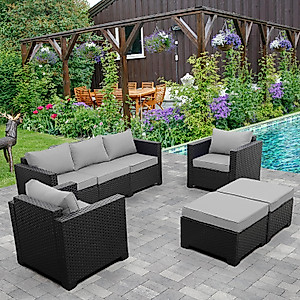 Rattaner Outdoor Wicker Furniture Couch Set 5 Pieces Patio Furniture Sectional Sofa with Grey No-Slip Cushions and Waterproof Covers