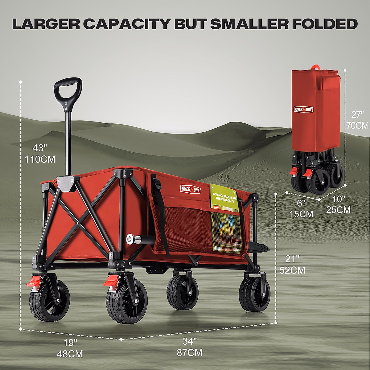 Overmont Collapsible Wagon Cart with Wheels - Foldable Heavy Duty Wagon with Big All-Terrain Wheels - 330Lbs Weight Capacity with Side Pockets for Camping Sports Garden Grocery Shopping red