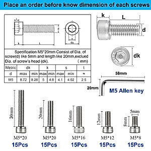 HanTof 75Pcs Hex Socket Head Cap Screws Bolts, 304 (18-8) Stainless Steel, Metric M5 x 8/12/16/20/30mm Allen Head Hex Drive Machine Screws Set with Hex Wrenches, Fully Threaded Pitch: 0.8mm
