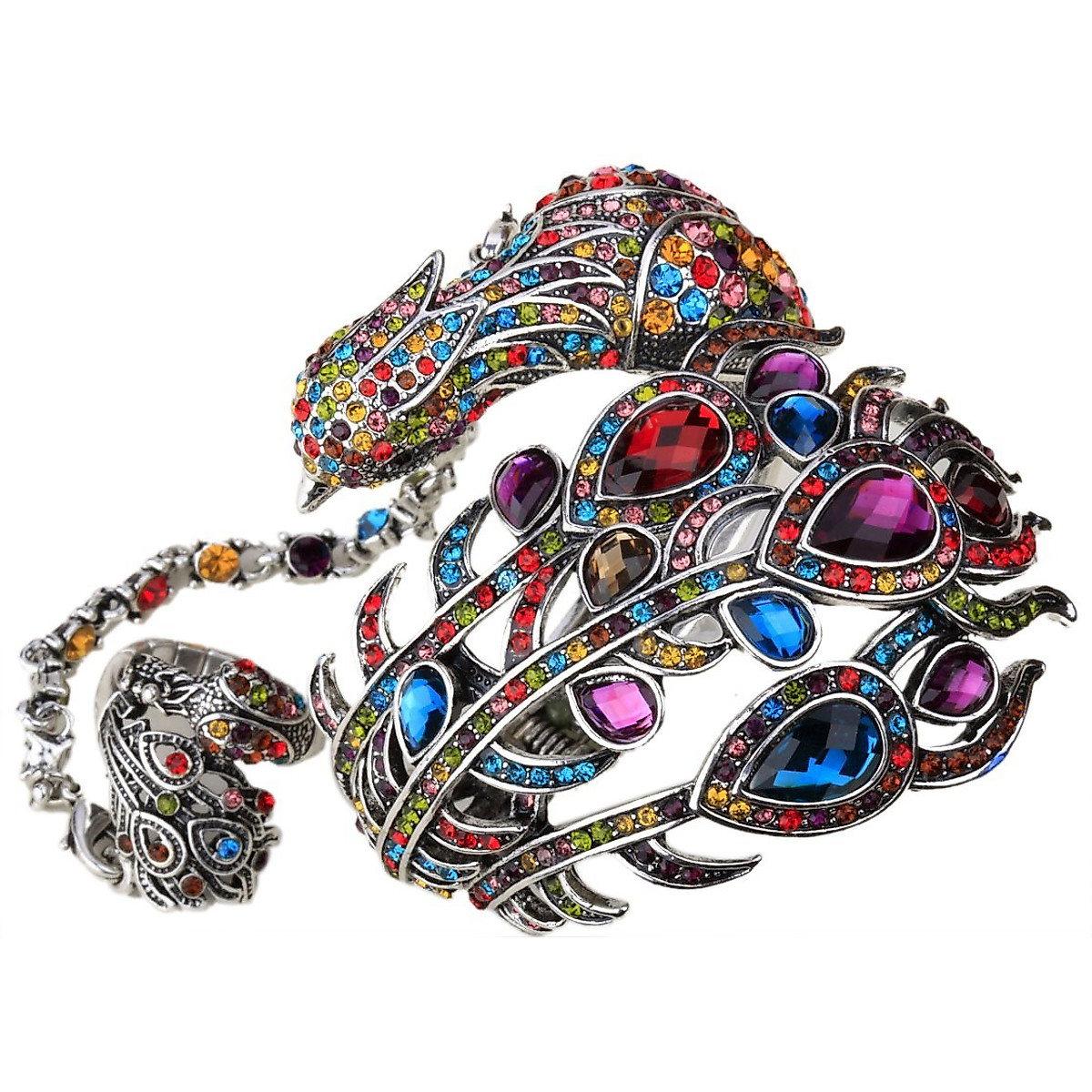 YACQ Women's Hinged Big Peacock Bracelet Slave Stretch Ring Set - Fit Wrist Size 6-1/2 to 7-1/2 Inch & Finger 7 to 9 - Lead Nickle Free - Halloween Costome Outfit (Multicolor)
