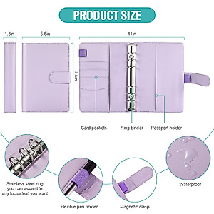 Budget Binder Organizer, A6 Cash System Planner for Money Receipts Budgeting,PU Leather Notebook,12 PCS Clear Cash Envelope,12 Expense Tracker Budget Sheets and 30 Colorful Blank Labels (Purple, A6)