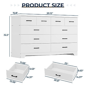 DICTAC White Dresser for Bedroom with 10 Drawers, Large Chest of Drawers Storage Organizer, Long Dresser TV Stand with Power Outlets, Wide Dresser for Bedroom, Living Room 55.1" W x 32.3" H x 15.8" D