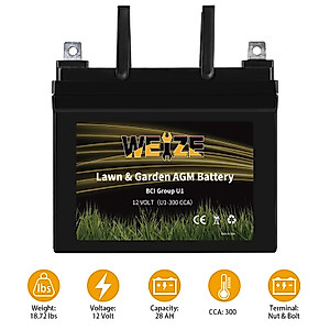 WEIZE Lawn & Garden AGM Battery, 12V 300CCA BCI Group U1 SLA Starting Battery for Lawn, Tractors and Mowers, Compatible with John Deere, Toro, Cub Cadet, and Craftsman
