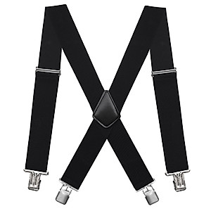 Fasker Mens Suspenders X-Back 2" Wide Adjustable Solid Straight Heavy Duty Clip Suspenders for Men Women, Black