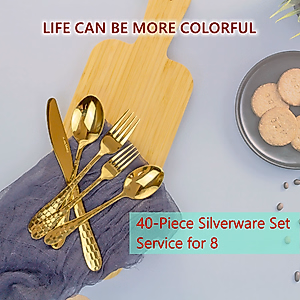 Gold Silverware Set for 8, 40-Piece Flatware Set Stainless Steel with Titanium Colorful Plated Cutlery Kitchen Utensil Flatware Set Service for 8, Knife/Fork/Spoon & Long Teaspoon/Salad Fork (Gold)