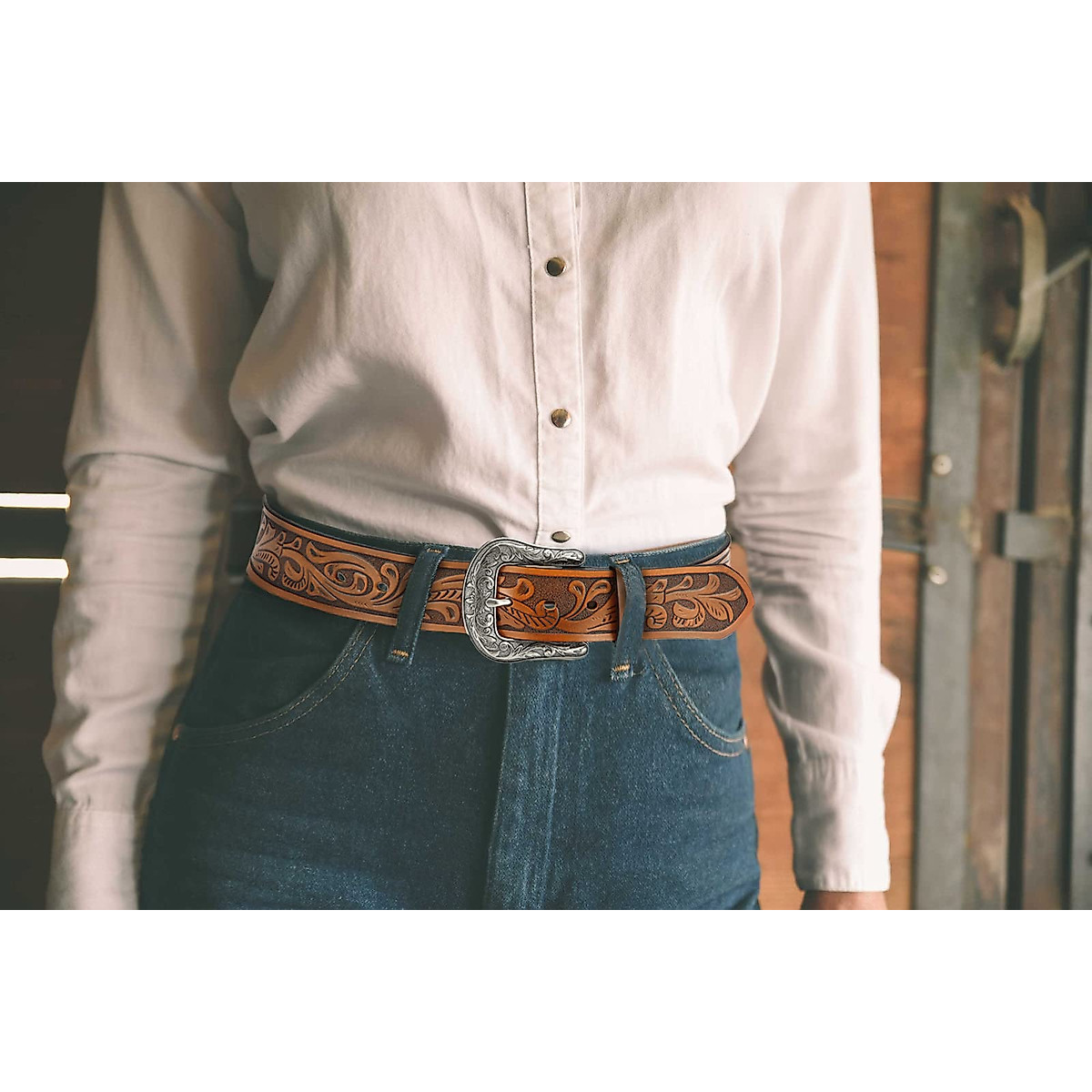 CR Western Belts for Women - 1.5" Leather Cowgirl Belt for Jeans Pant - Country Belts for Women with Big Vintage Buckle