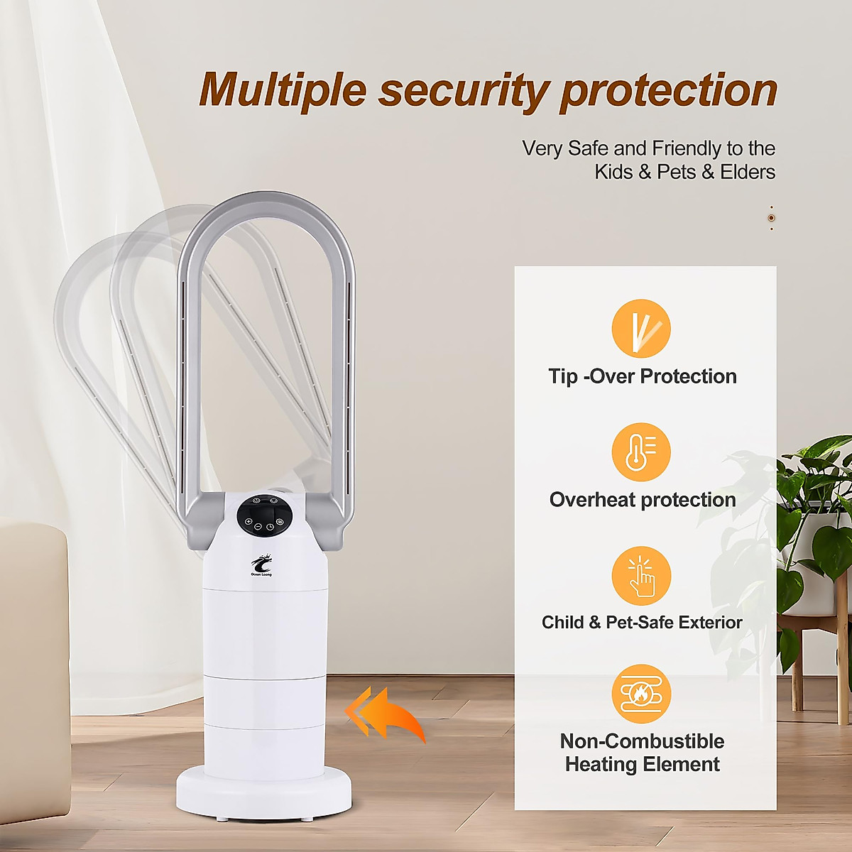 Ocean Loong 1500W Space Heater & Bladeless Tower Fan for Bedroom Home Office, Eco Ceramic Heater with Adjustable Thermostat, 120°Oscillating & Tilt Head, Remote, Timer, Table Fan AB01H (White)