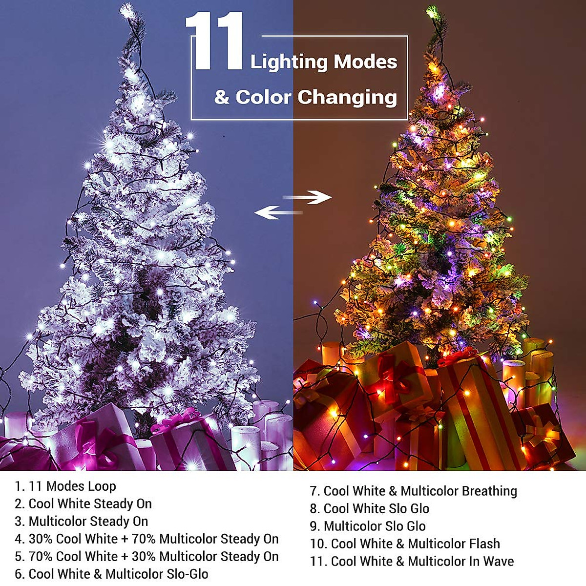 BrizLabs Christmas Tree Lights, 262ft 800 LED Color Changing Christmas Lights with Remote, 11 Modes Cool White & Multicolor Christmas Lights, 30V Plugin Dimmable Lights Green Wire for Xmas Tree Home