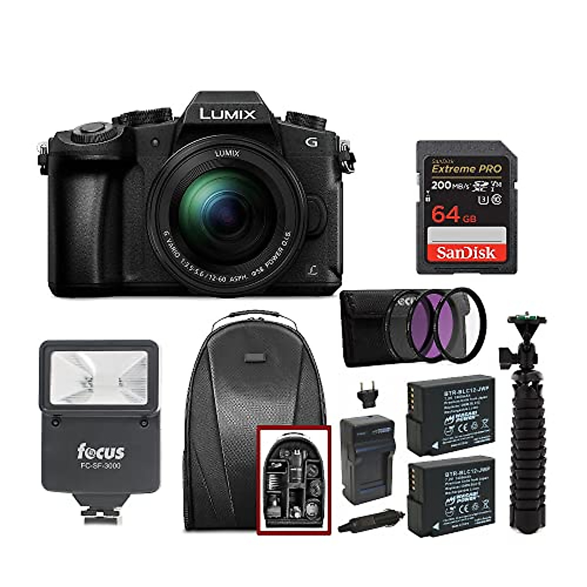 Panasonic LUMIX G85MK 4K Mirrorless Interchangeable Lens Camera Kit with 12-60mm Lens Bundle with 64GB Memory Card, 2 Spare Batteries, Charger, Backpack, Spider Tripod, Filter Kit, and Flash (7 items)