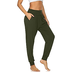 UEU Women's High Waisted Yoga Pants Super Soft joggers Loose Fitting Fit Juniors Workout Lounge Sweats Jogging Pants with Pockets(ArmyGreen,L)