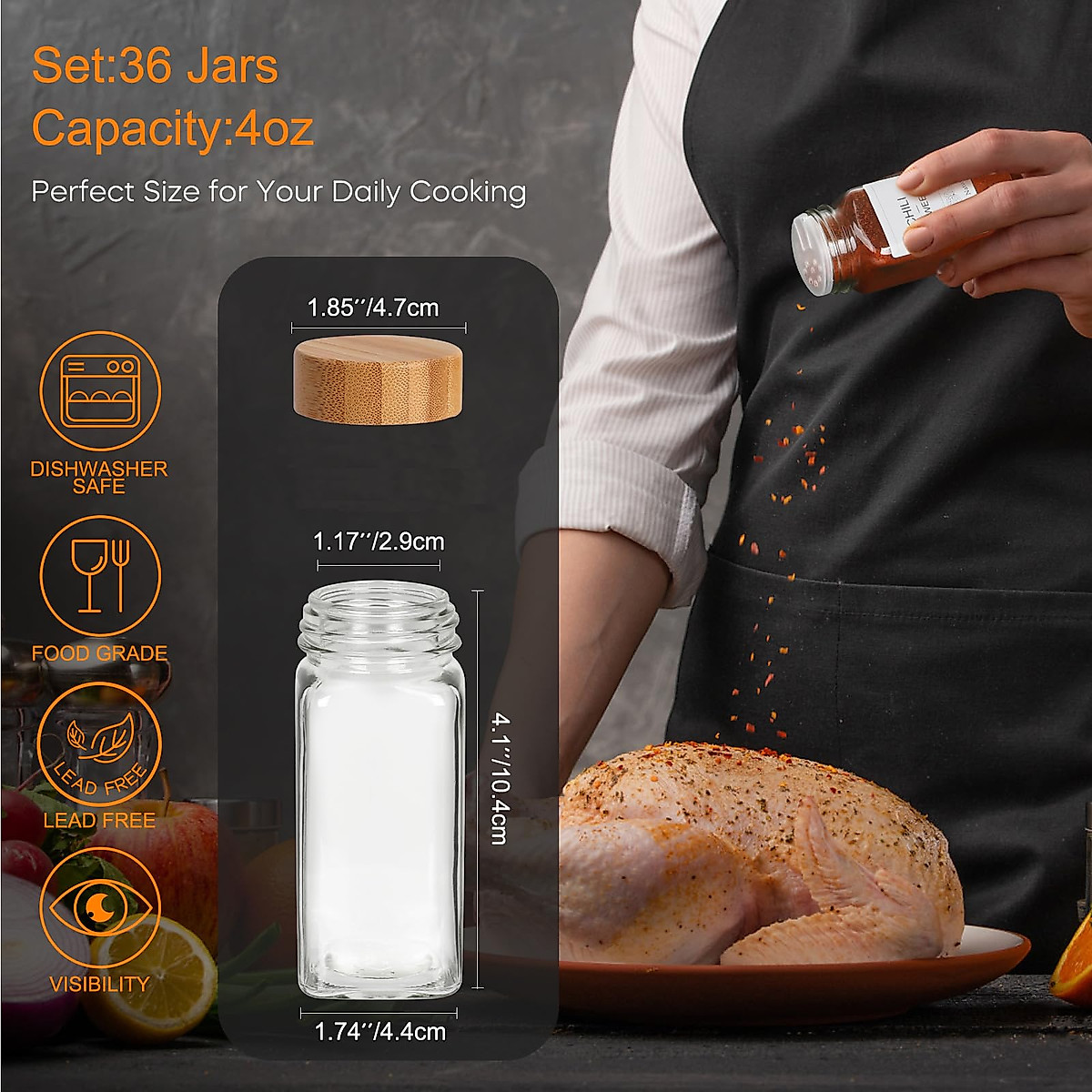 36pcs 4oz Spice Jars with Bamboo Lids, Glass Spice Jars with Labels, Empty Spice Containers Square Spice Bottles with Shaker Lids, Funnel, Chalk Pen and Brush