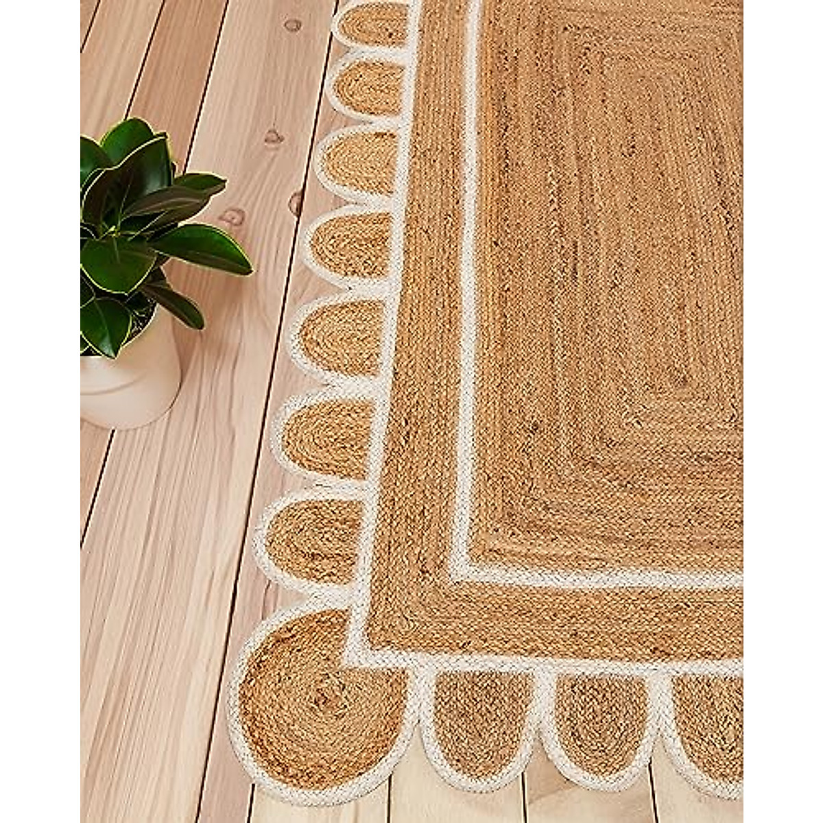 Scalloped Jute Rug 5x7- Natural Boho Bath Mat 2x3- Jute Runner Rug for Kitchen 2.6x6 ft- Seagrass Jute Rug 8x10 for Living Room Area- 3x5 Farmhouse Rugs Indoor/Outdoor (2'x3' Ft, White)