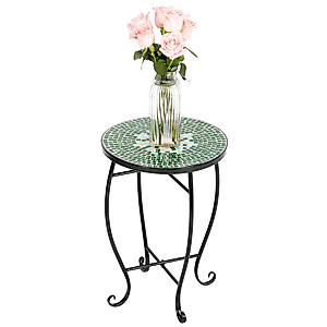 Outdoor Side Table, Metal Coffee End Table, Mosaic Accent Table, Small Terrace Bistro Table, Plant Stand for Patio Porch Beach Balcony, Glass Top & Black Iron, 14 Inch (Green Flowers)