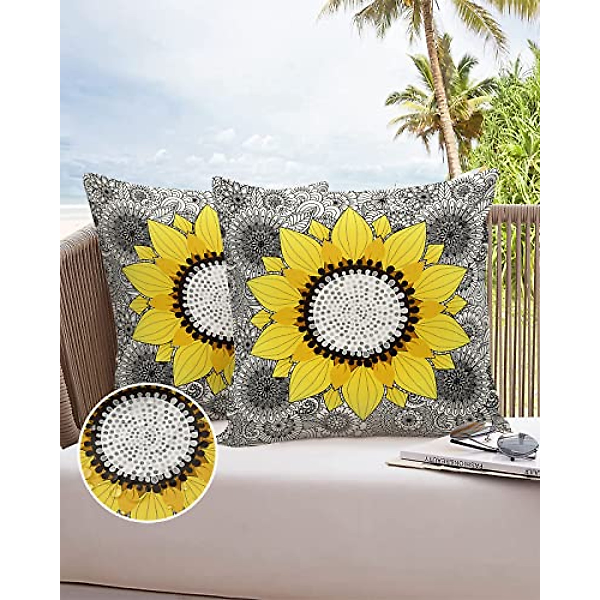 Pack of 2 Outdoor Waterproof Pillow Covers 20x20 inch Mandala and Sunflower Flower Geometry Pattern Throw Pillow Covers Decorative Cushion Covers for Patio Garden Tent