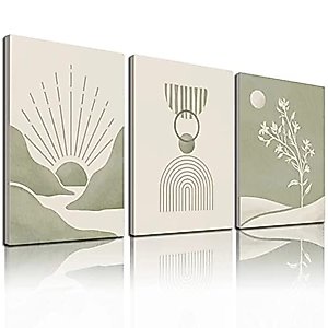 Minimalist Boho Wall Art Set of 3, Abstract Wall Art Mid-Century Modern Art Print, Sage Green Neutral Geometric Canvas Artwork Posters for Living Room, Bedroom, Bathroom, Gallery, Boho Room Decor 12"x16", Framed