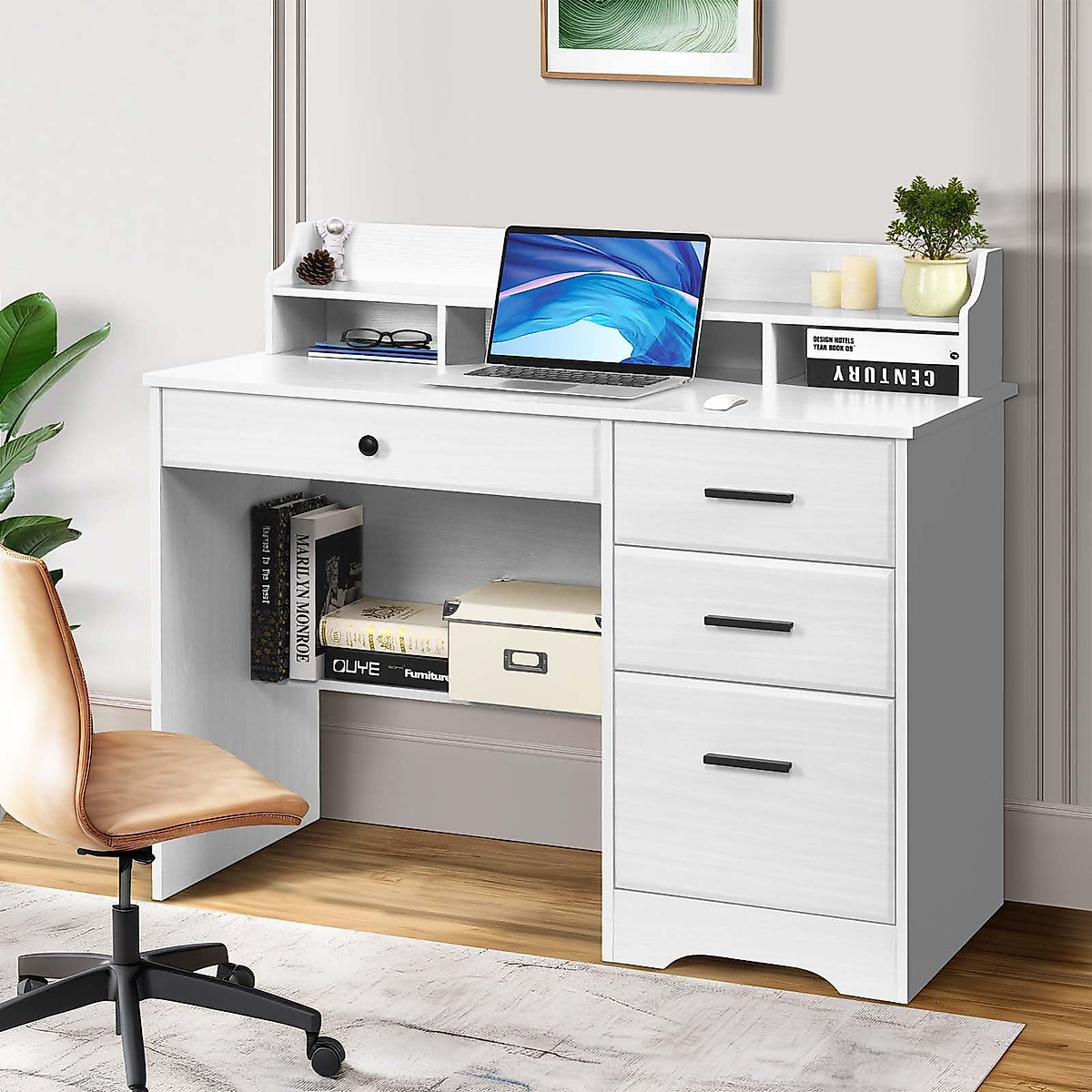 MaverickFurni White Desk with 4 Drawers, Computer Desk with Drawers and Hutch&Shelf, Wood Writing Home Office Workstation, Student Desks for Bedooms with Drawers, 38.2” H x20.5” D x44” W - White