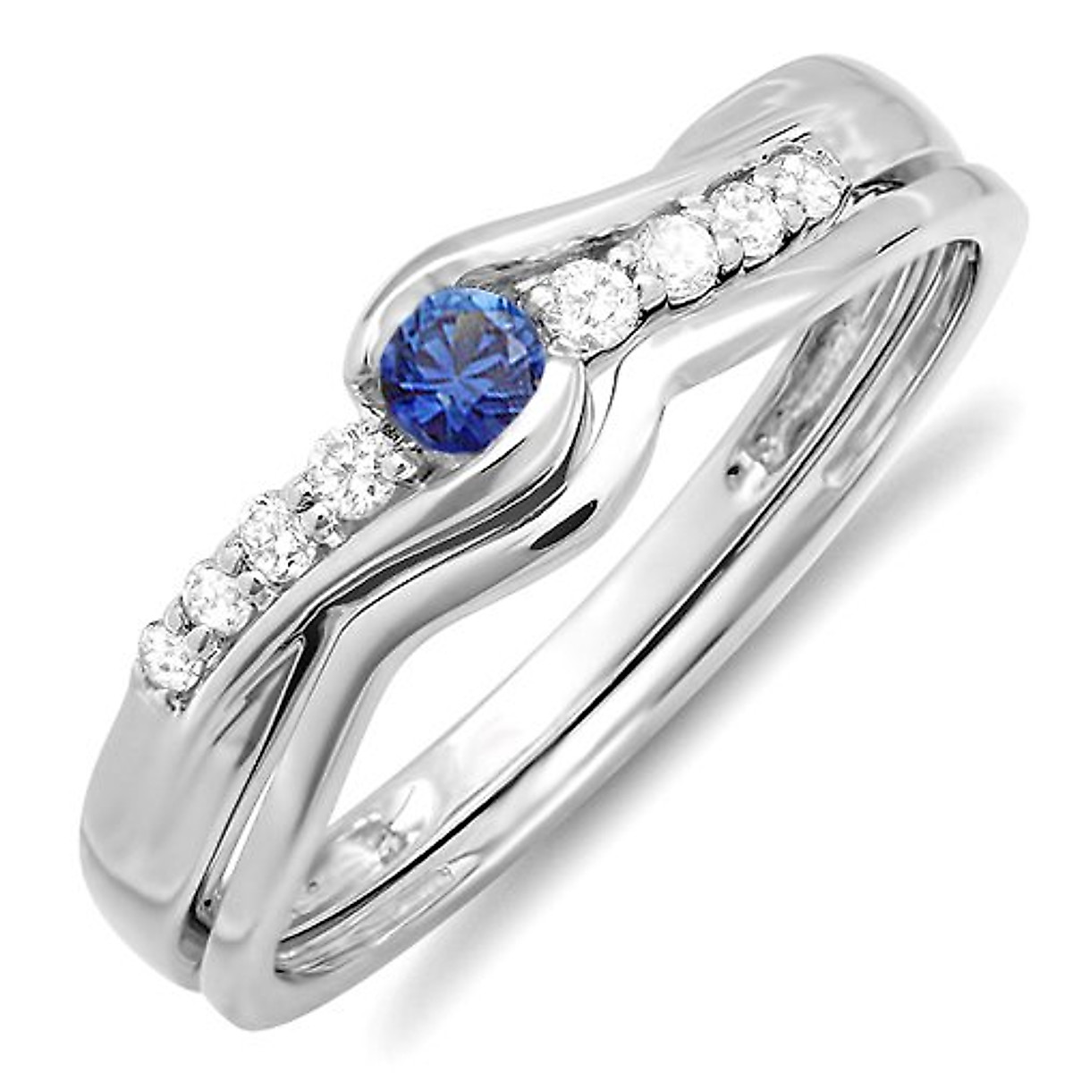 Dazzlingrock Collection 14K Blue Sapphire And White Diamond Women Bridal Engagement Wedding Ring Band Set, White Gold, Size 8
