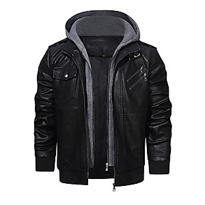 HOOD CREW Men’s Casual Stand Collar PU Faux Leather Zip-Up Motorcycle Bomber Jacket With a Removable Hood