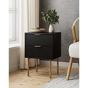 AEPOALUA Nightstand,Small Bedside Table with Gold Frame,White Night Stand,Bedside Furniture,Side Table with Drawer and Shelf for Bedroom,Living Room (Mid-Century-Stripe, Black.)