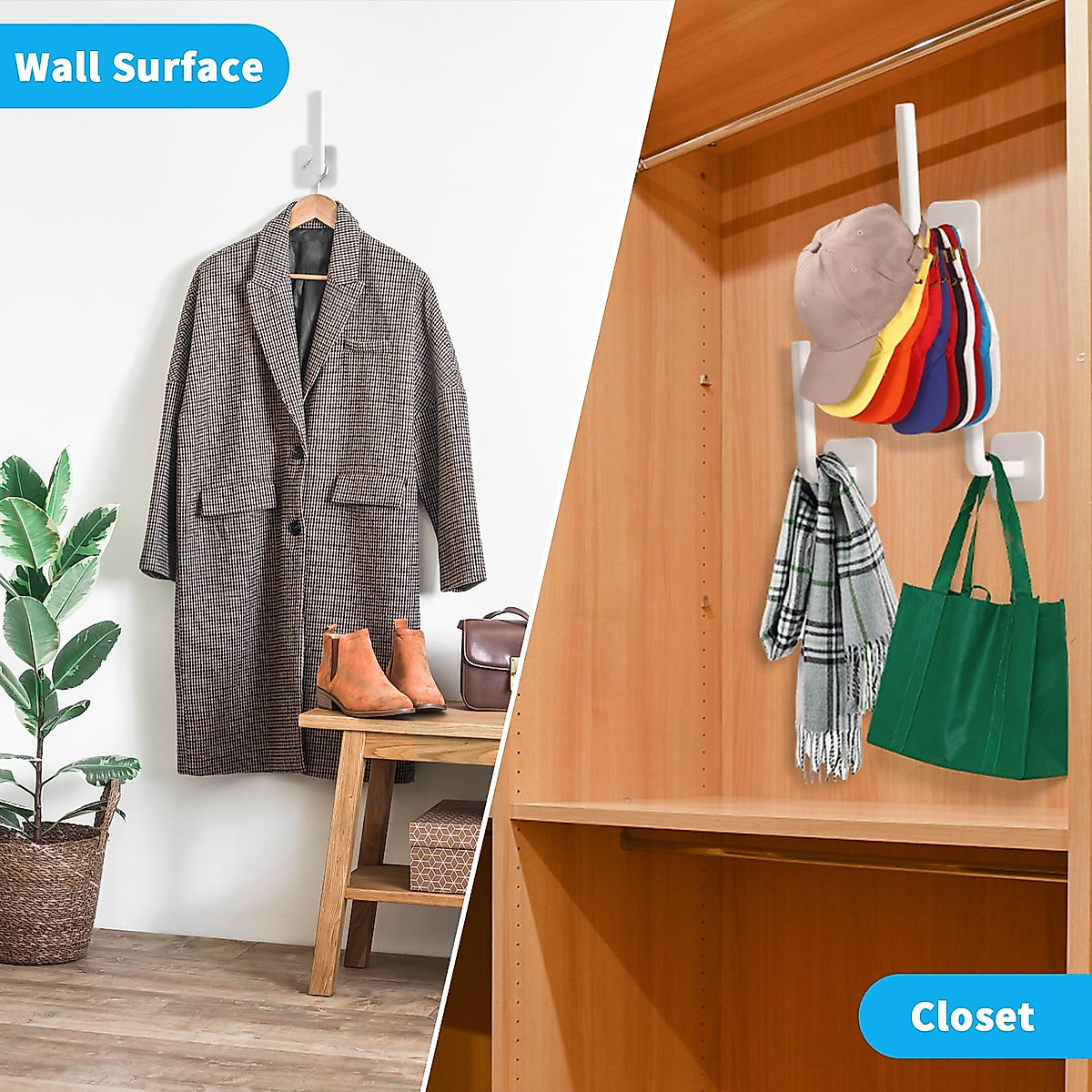 Letohoumia Hat Hooks for Wall, 4 Pcs Adhesive Hat Hangers Organizer Holder for Closet/Door, Multi-Purpose Strong Hook Rack Can Hold More Than 10 Hats Black