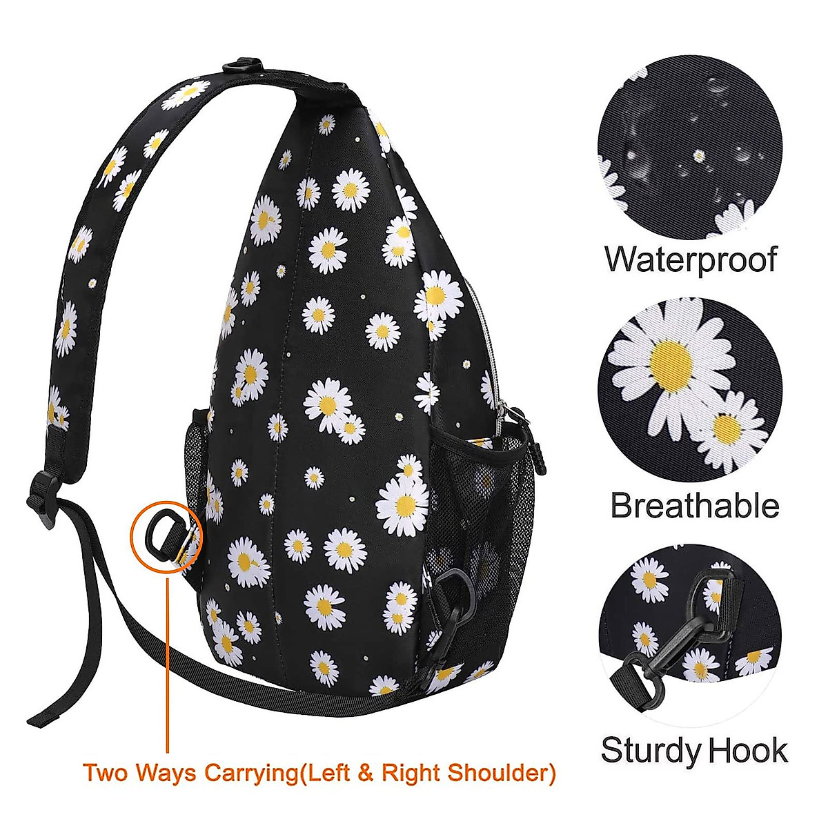 MOSISO Sling Backpack, Travel Hiking Daypack Daisy Rope Crossbody Shoulder Bag, Black