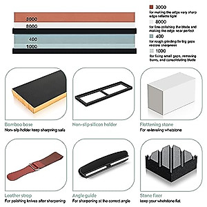 knife sharpening Stone kit, sharpening stone 4 Side Grit 400/1000 3000/8000 Waterstone, Includes Leather Strop, Bamboo Base, Flattening Stone, Slip Rubber Bases, and Angle Guide