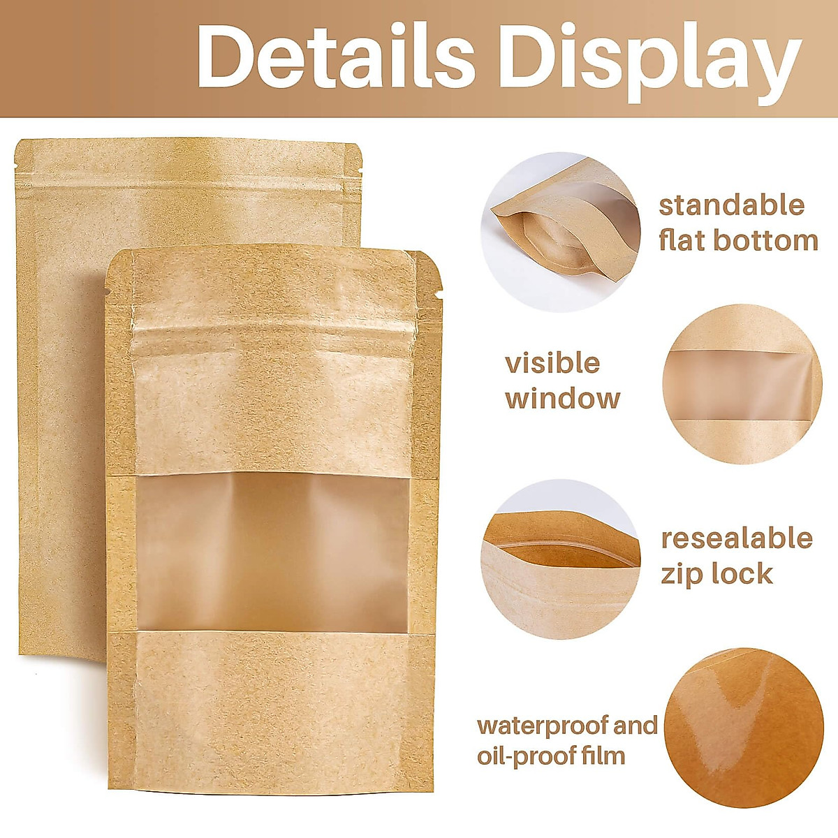 MAQIHAN 50 Stand Up Pouches Bags - 3.5"×5.5" Resealable Ziplock Kraft Paper Bags Window Food Packaging Homemade Bagel Bread Cookie Candy Tea Herb Spice Coffee Jerky Dog Treat Bags Small Business