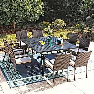 Sophia & William 9 Pieces Patio Dining Set for 8, Outdoor Dining Furniture with 1 X-large E-coating Square Metal Table and 8 Rattan Chairs with Cushions, Outdoor Table & Chairs for Deck Porch Backyard