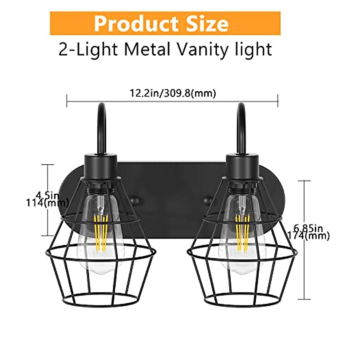Elibbren Bathroom Vanity Light Fixtures, 2-Light Bathroom Lighting Fixtures Over Mirror with Cage, E26 Base Black Farmhouse Wall Sconces for Bedroom Living Room, UL Listed