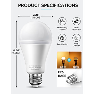 KINDEEP Sleep Light Bulb, 0.5W Amber Light Bulbs, 20lm 2000K, 2 Modes Bulb, 9W Equivalent 60W, 800lm, 2700K, E26 Blue Light Blocking Dim Lightbulbs for Lamp, Bderoom, Mood Soothing, Nursery, 4 Pack