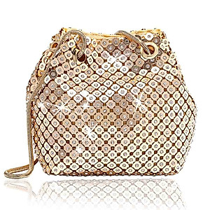 Yokawe Women's Bling Crystals Evening Clutch Bag Sparkly Metal Sequins Purse Glitter Rhinestone Bucket Bags Prom Cocktail Party Wedding Handbags (Gold)