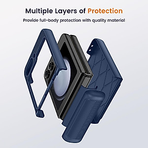 NULETO Blue Leather Galaxy Z Flip5 Case with Hinge Protection, Built-in Screen Protector