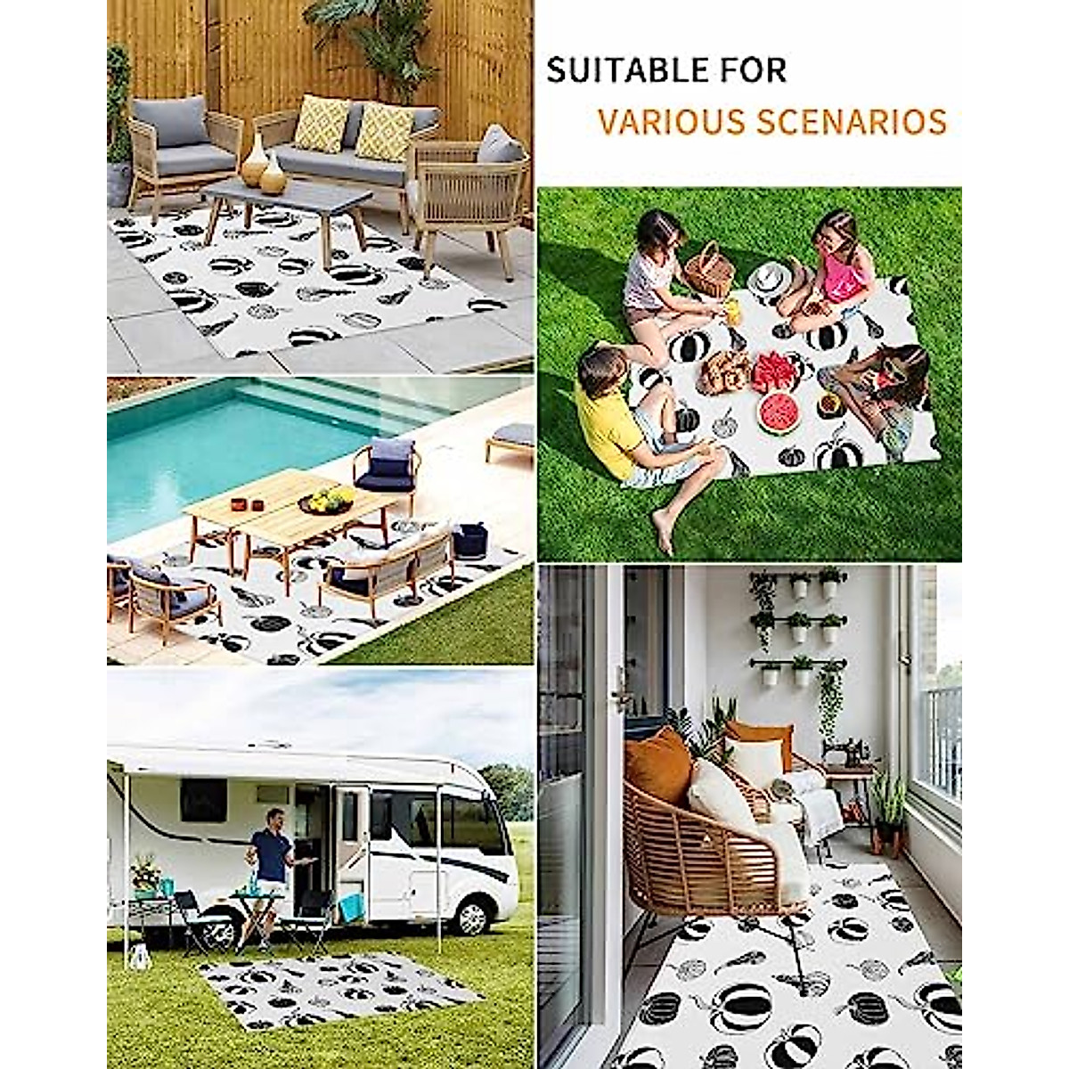 Thanksgiving Fall Outdoor Rug for Patio/Deck/Porch, Non-Slip Large Area Rug 6 x 9 Ft, Simple Black and White Fall Pumpkin Indoor Outdoor Rugs Washable Area Rugs, Reversible Camping Rug Carpet Runner