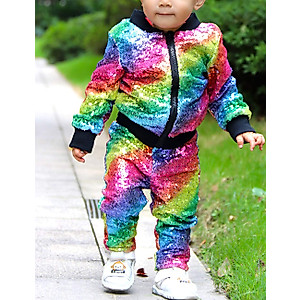 Cilucu Kids Jackets Girls Boys Sequin Zipper Coat Jacket for Toddler Birthday Christmas Clothes Long Sleeve hoodie Rainbow Black 7-8years