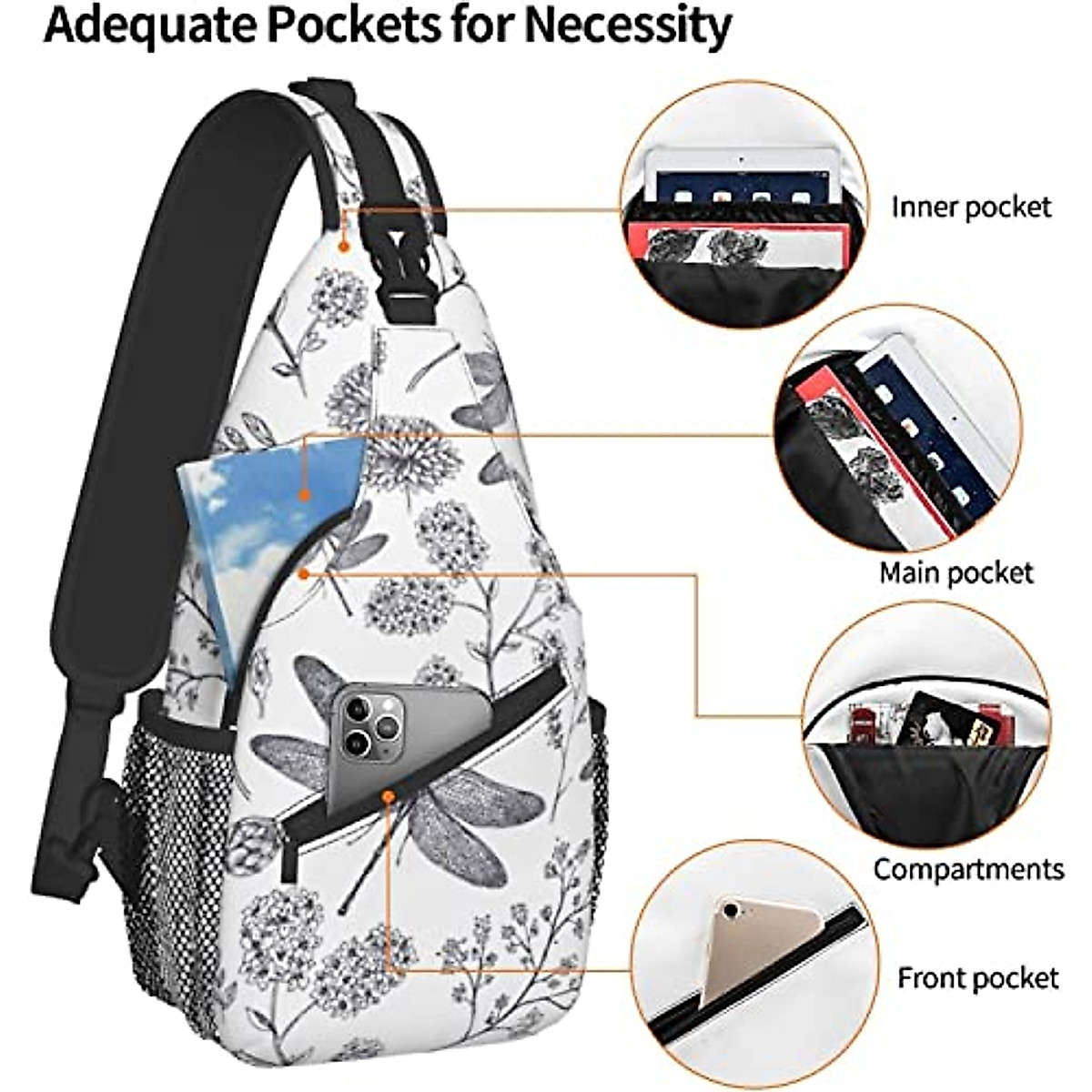 Sling Bag Dragonfly Botanical Flower Hand Drawn Hiking Daypack Crossbody Shoulder Backpack Travel Chest Pack for Men Women