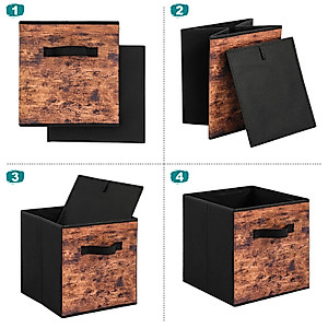 Stero Fabric Storage Cubes, 6 Pack Foldable Storage Bins with Handle, 11 Inch Storage Baskets Box for Shelves, Closet, Organizer, Rustic Brown and Black