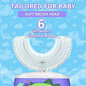 Kids Electric Toothbrushes Dinosaur U Shaped Rechargeable Ultrasonic Automatic Toothbrush for Toddler with Replacement Brush Heads 6 Cleaning Modes IPX7 Waterproof 360° Oral Care 45S Timer (Age 2-7)