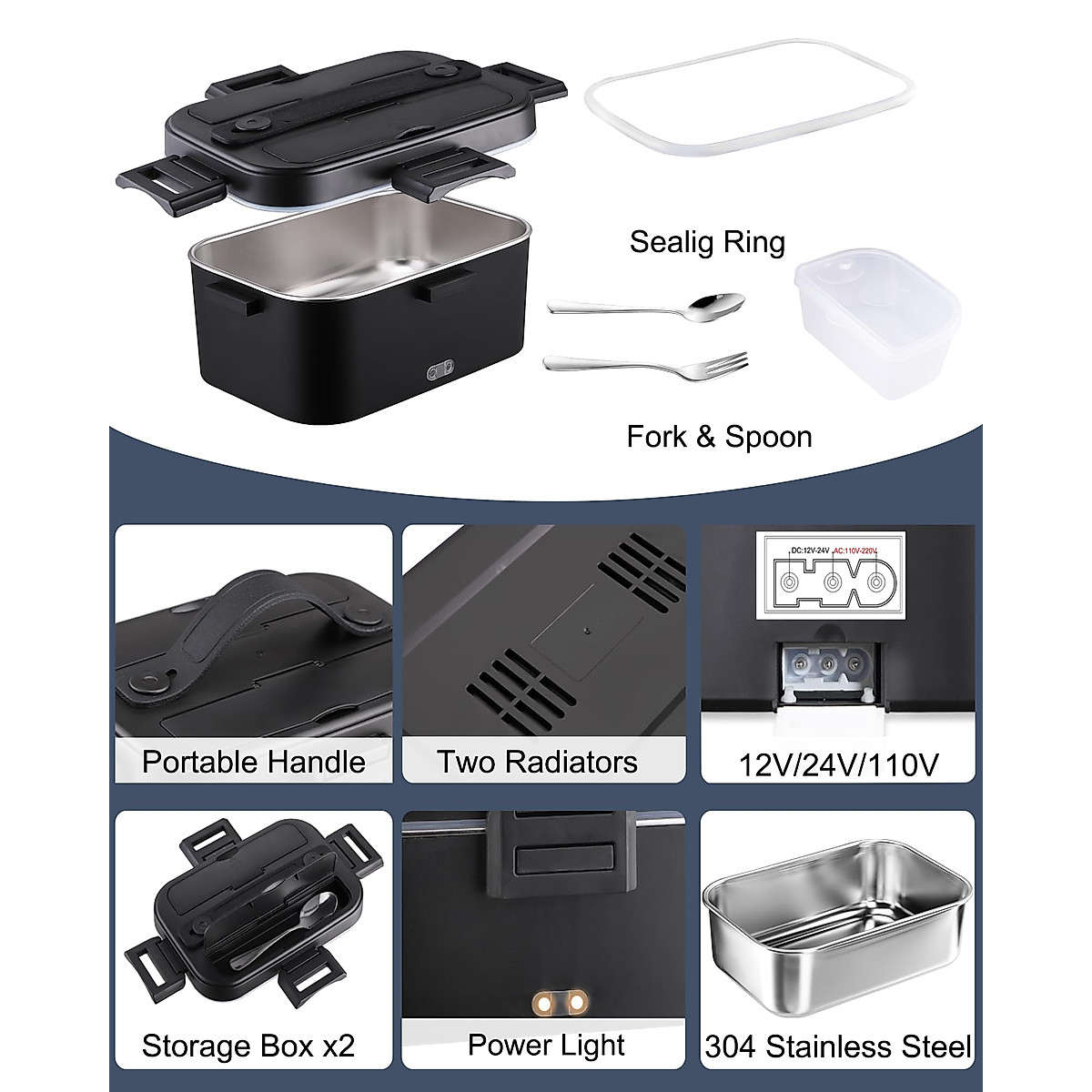 Nifogo Electric Lunch Box Food Heater 75W Portable Heated Lunch Box for Adults 3 in 1 Portable Food Warmer 110V/12V/24V, with 1,8L Removable Stainless Steel Container & Bag(Black)